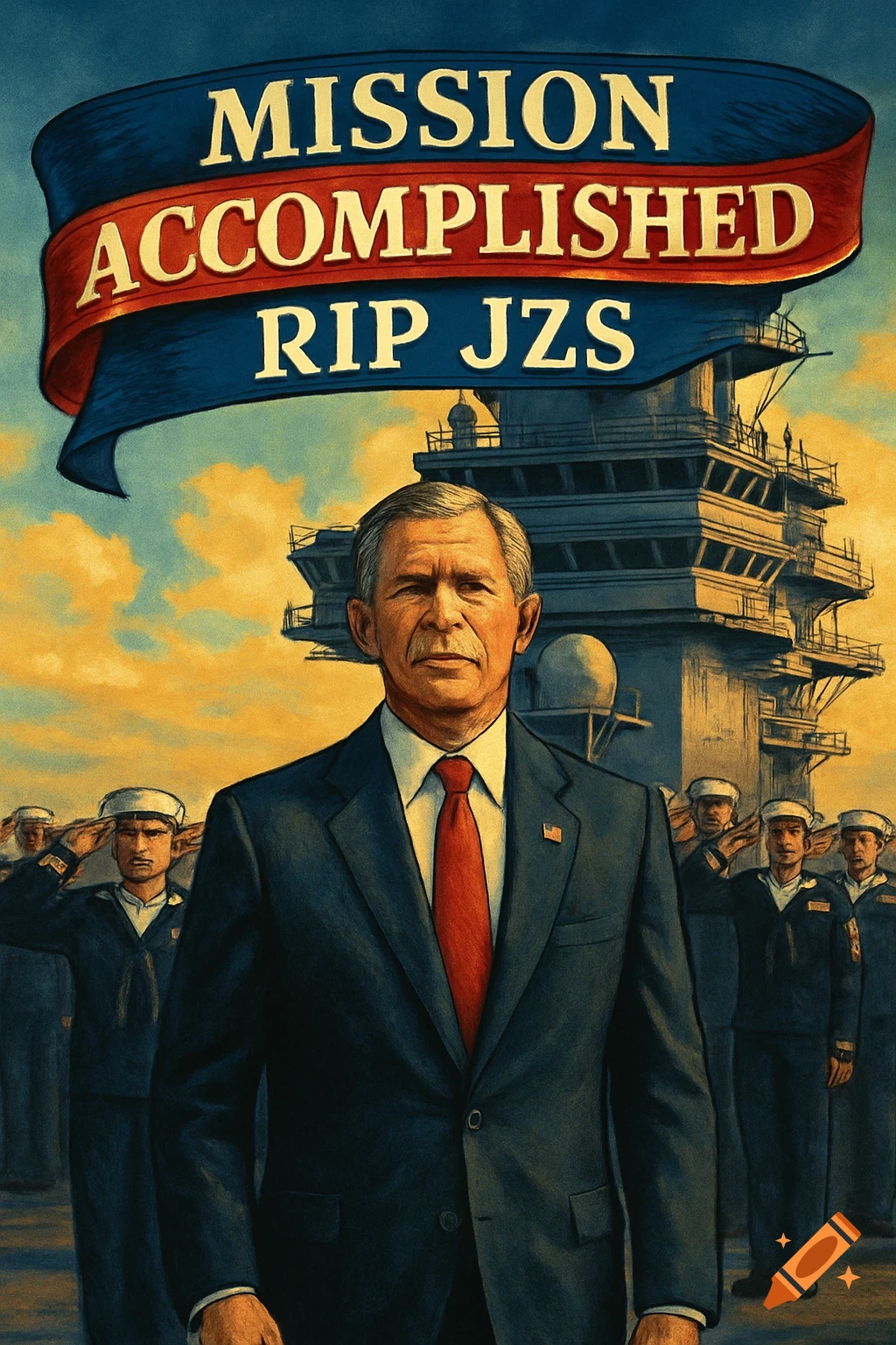 Stylized illustration of George W. Bush and saluting sailors near an ...