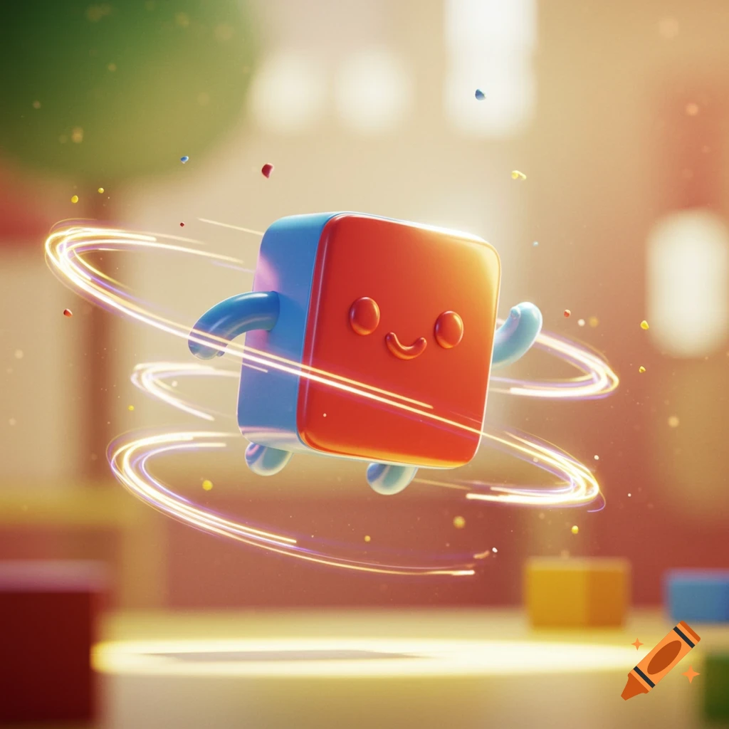 A smiling red and blue square character floats with glowing light ...