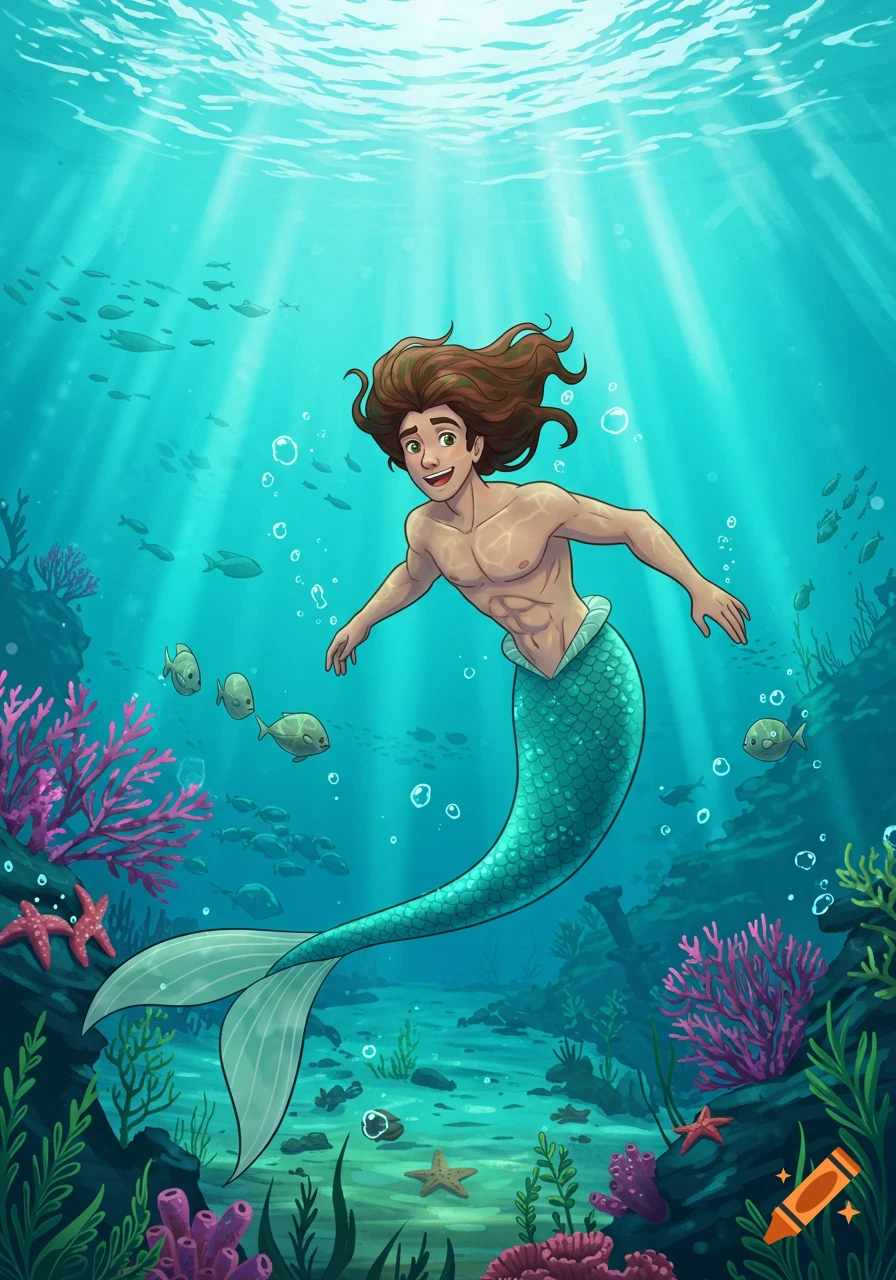 A smiling cartoon merman with brown hair and a teal tail swims in a ...