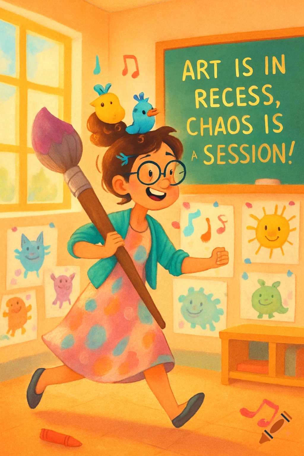 A cheerful cartoon girl holding a giant paintbrush runs in a colorful ...