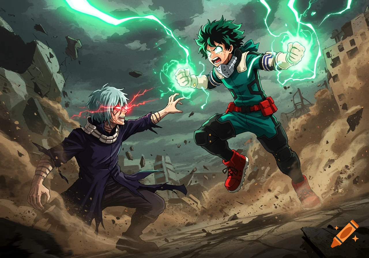 Dynamic anime battle scene with Deku launching a green energy attack at ...