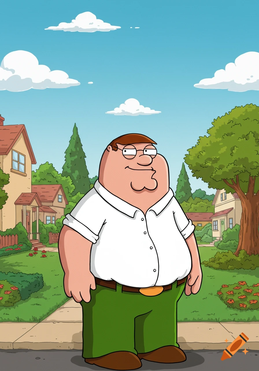 Cartoon character Peter Griffin from Family Guy stands on a sidewalk in ...