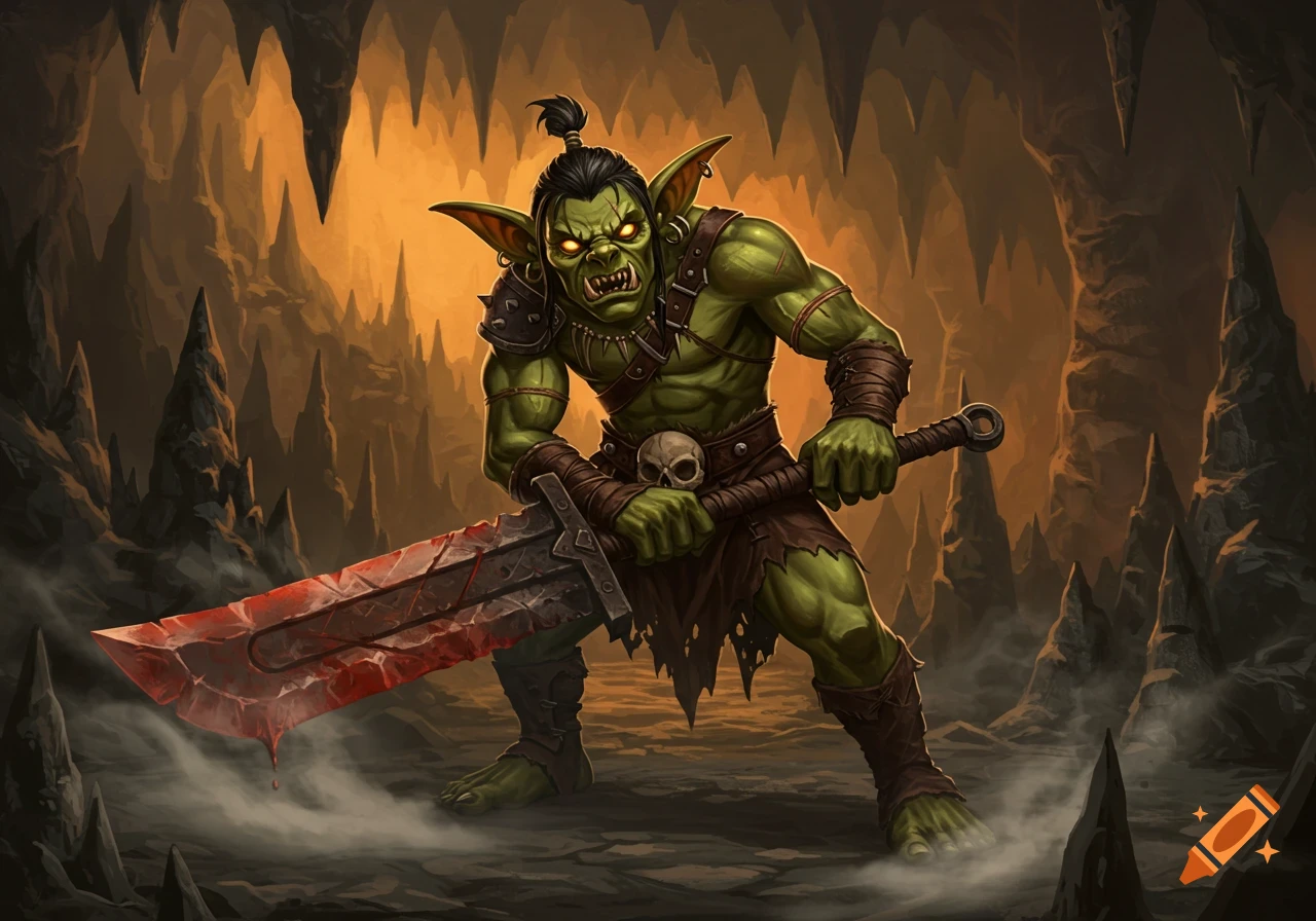 A muscular green goblin barbarian with glowing eyes and a topknot holds ...
