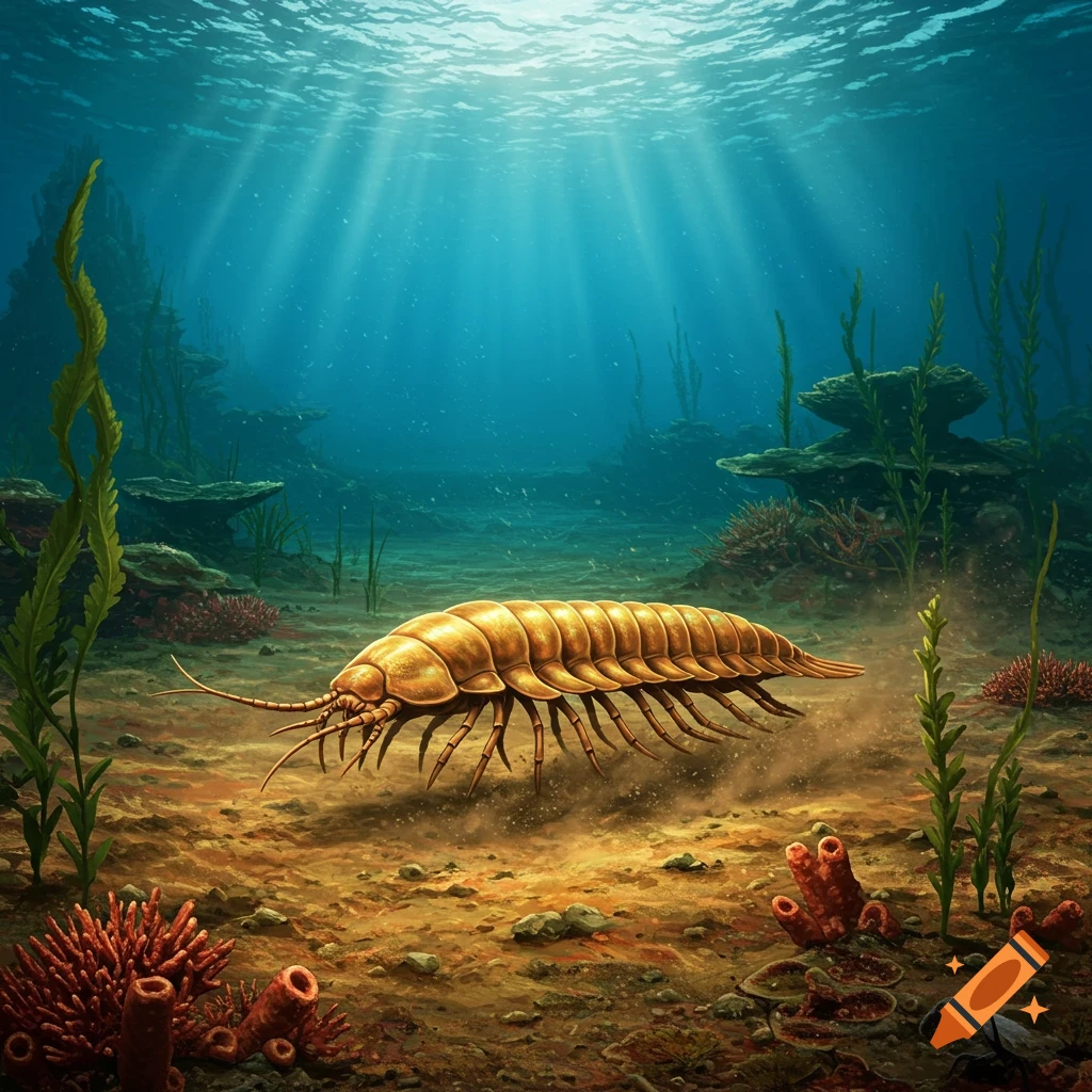 An illustration of an Alalcomenaeus cambricus, a gold-colored ...
