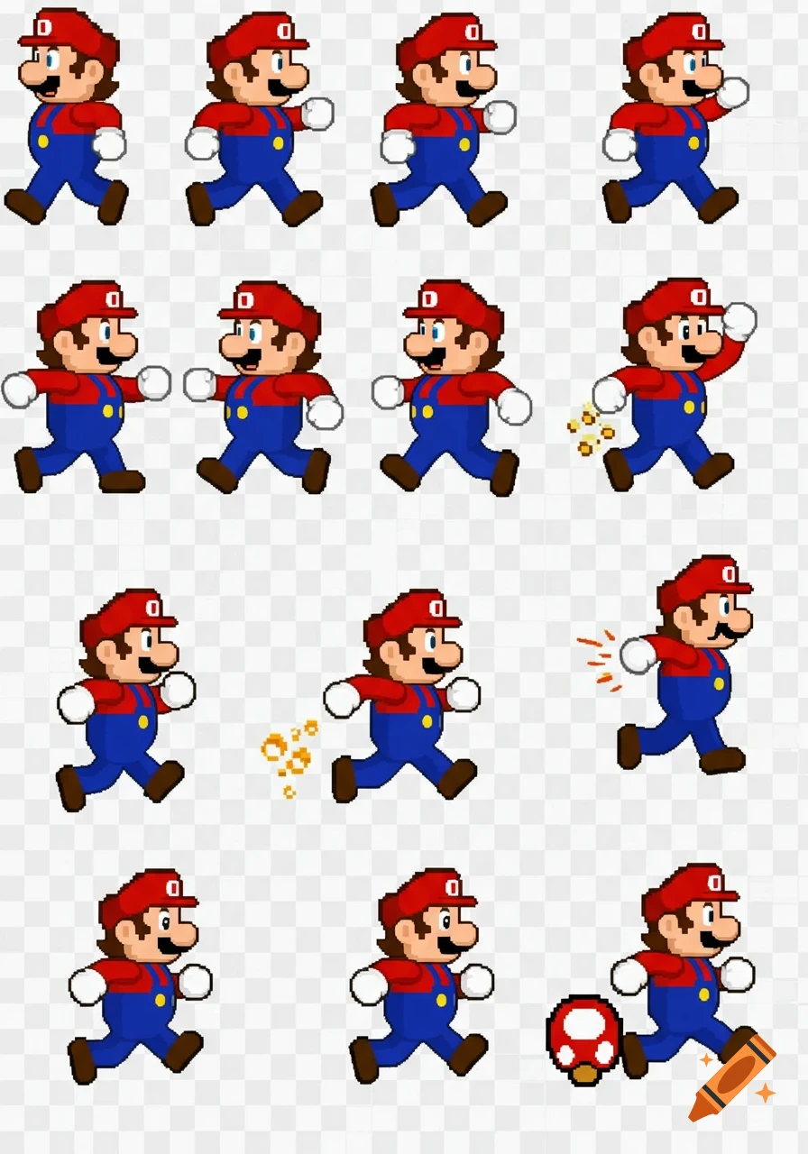 A grid of 8-bit pixel art sprites showing Mario in various running ...