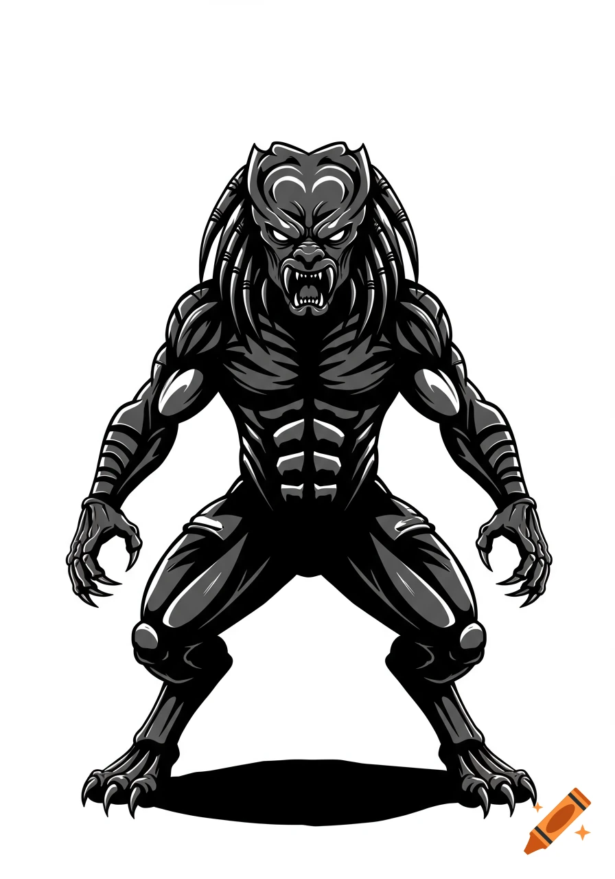 Black and white vector illustration of a menacing Predator alien ...