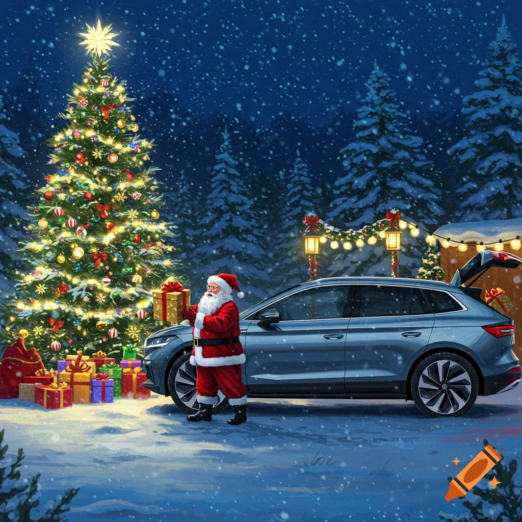 Santa Claus loads gifts into a grey Skoda car next to a decorated ...
