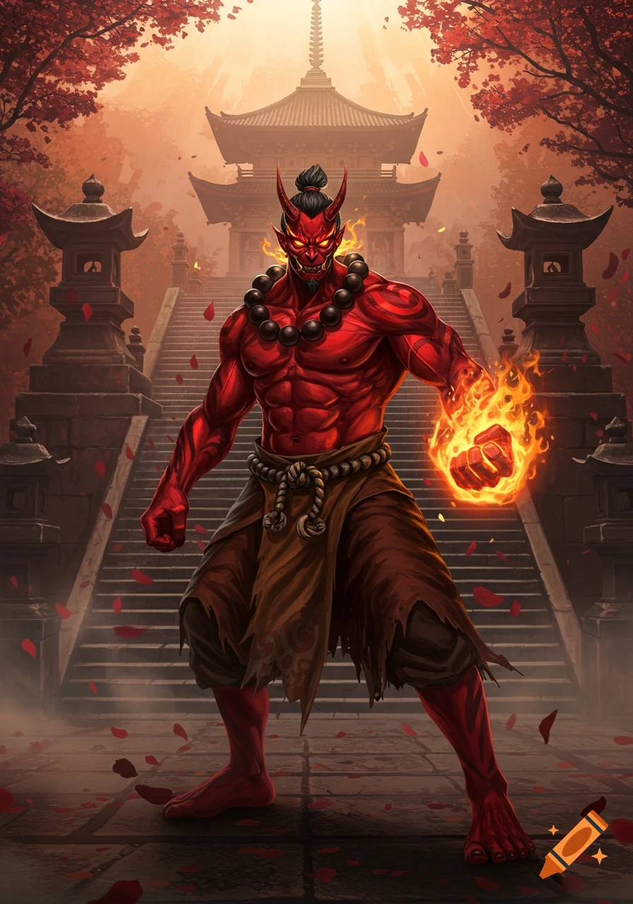 A muscular red Oni monk with horns, glowing eyes, and a fiery fist ...