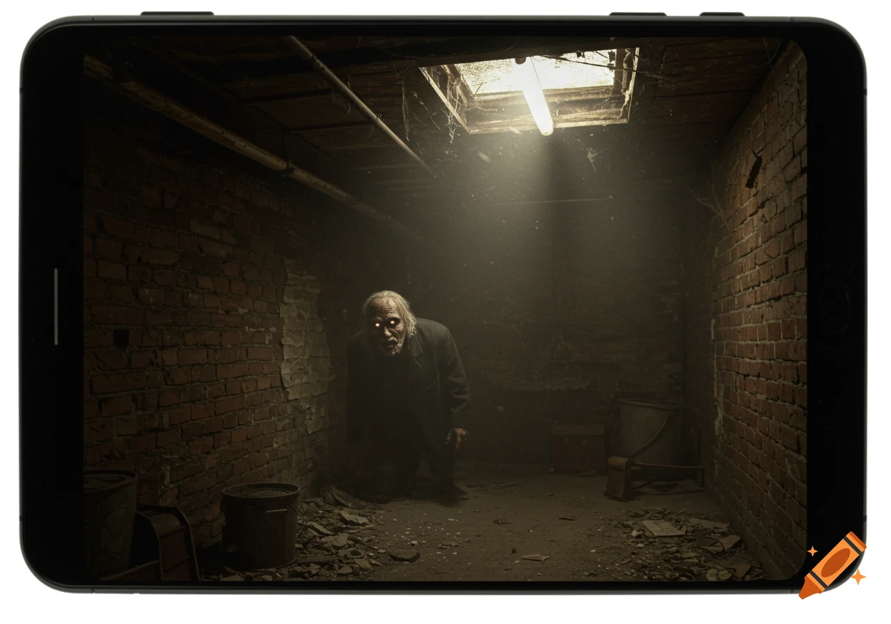 A creepy, pale-skinned creature with glowing eyes kneels in a dark ...