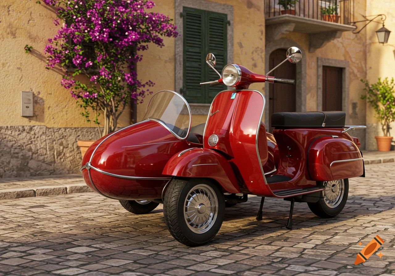 A shiny red vintage scooter with a sidecar is parked on a cobblestone ...