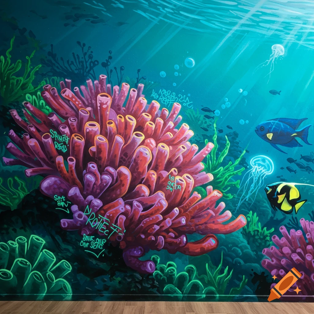 Colorful graffiti-style underwater mural with a vibrant coral reef ...