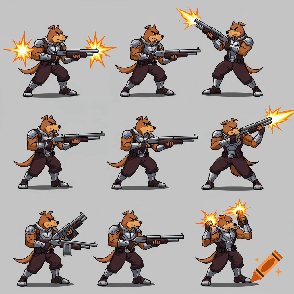 A 2D fighting game sprite sheet depicting a muscular, cartoon dog in ...