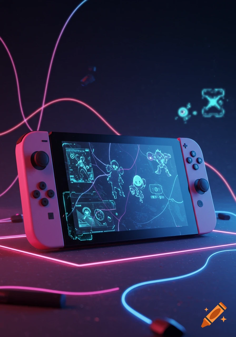 Close-up of a pink and black Nintendo Switch-like console displaying a ...