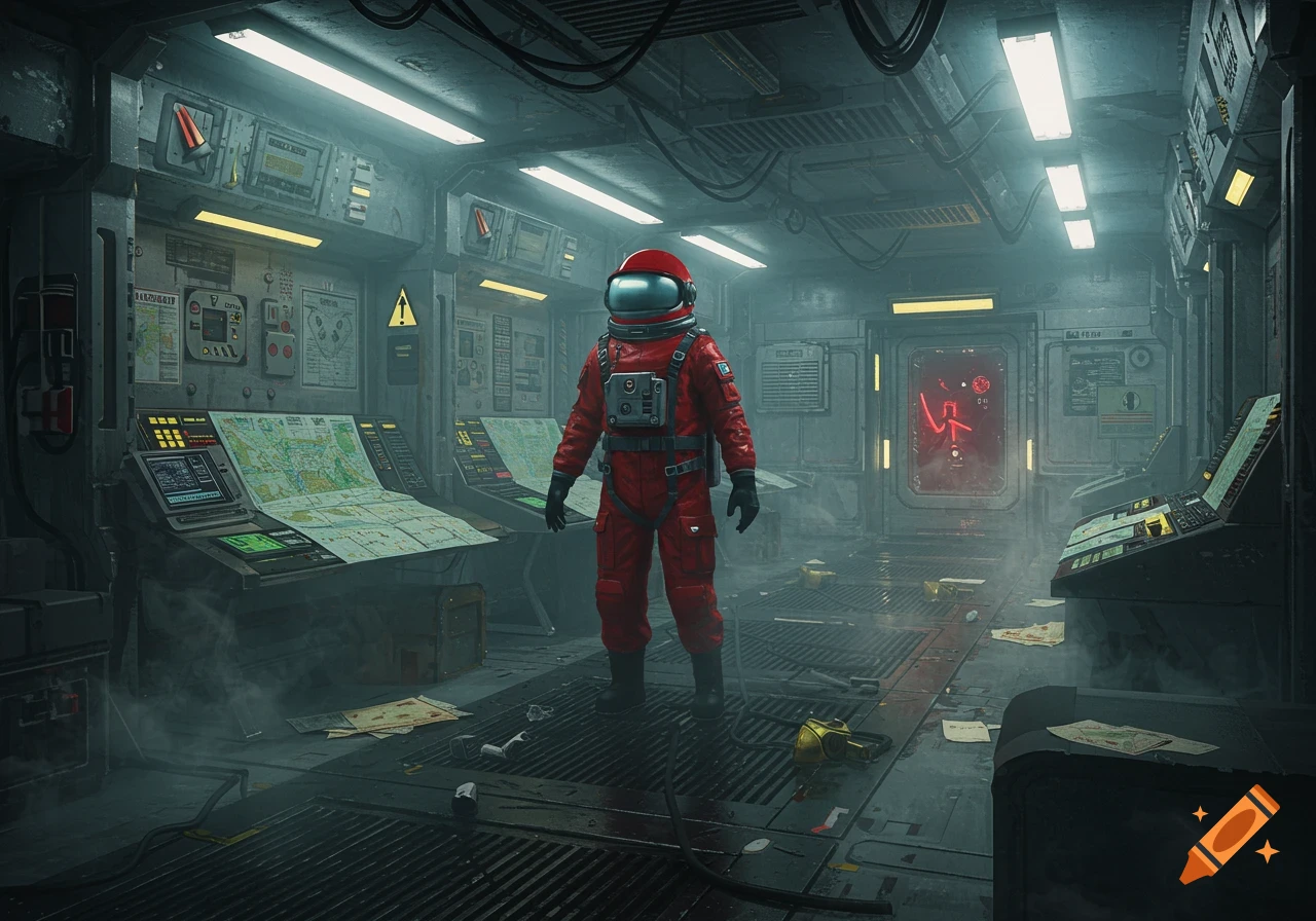 A lone red astronaut stands in a dimly lit, cluttered, futuristic ...