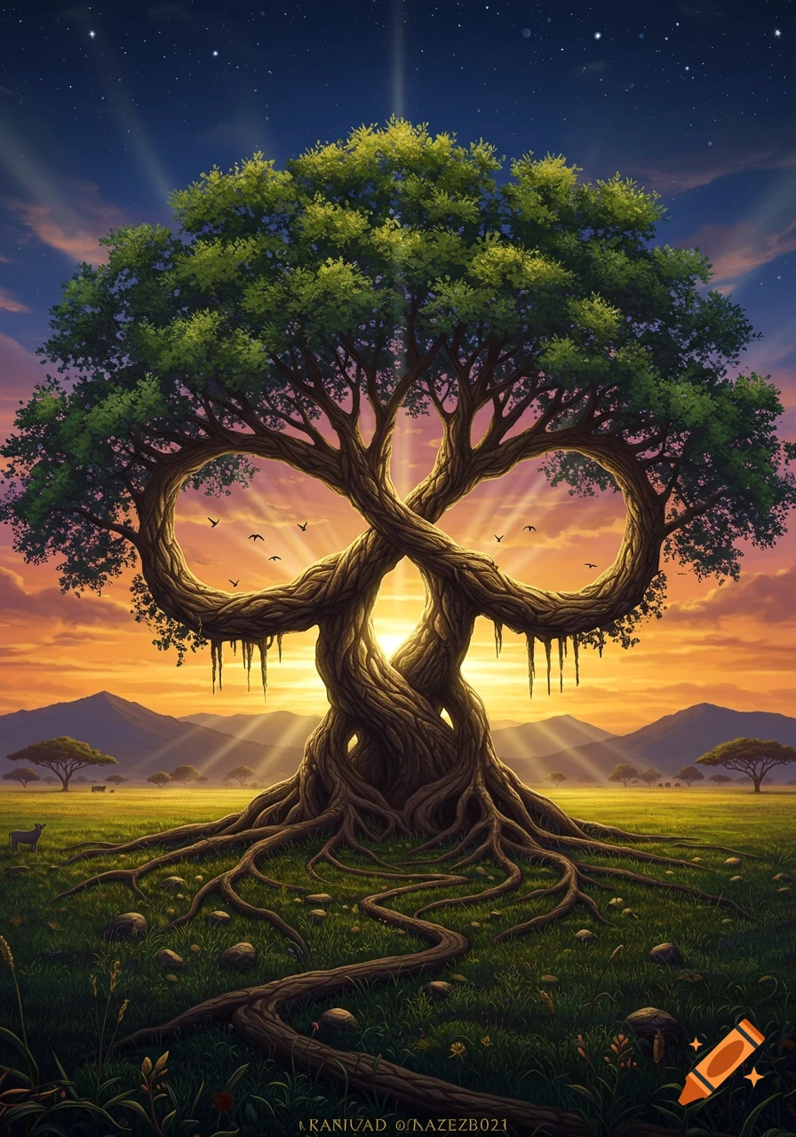 A majestic tree with branches and roots forming an infinity symbol ...
