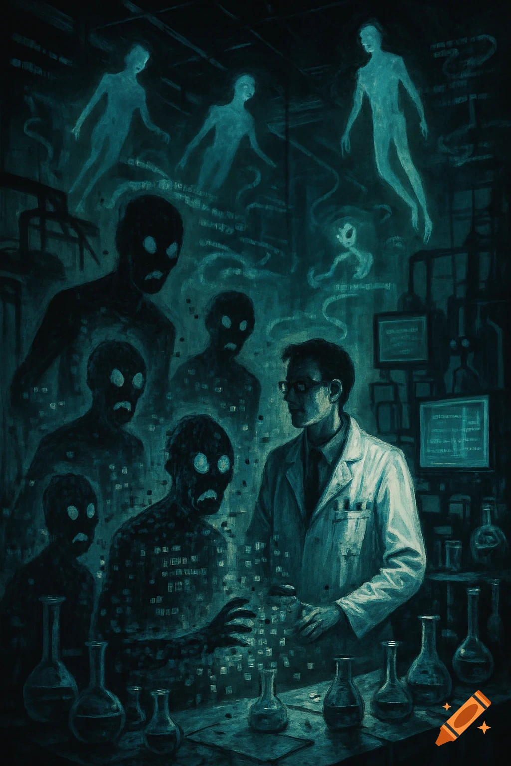 An eerie, painterly image of a scientist in a dark lab surrounded by ...