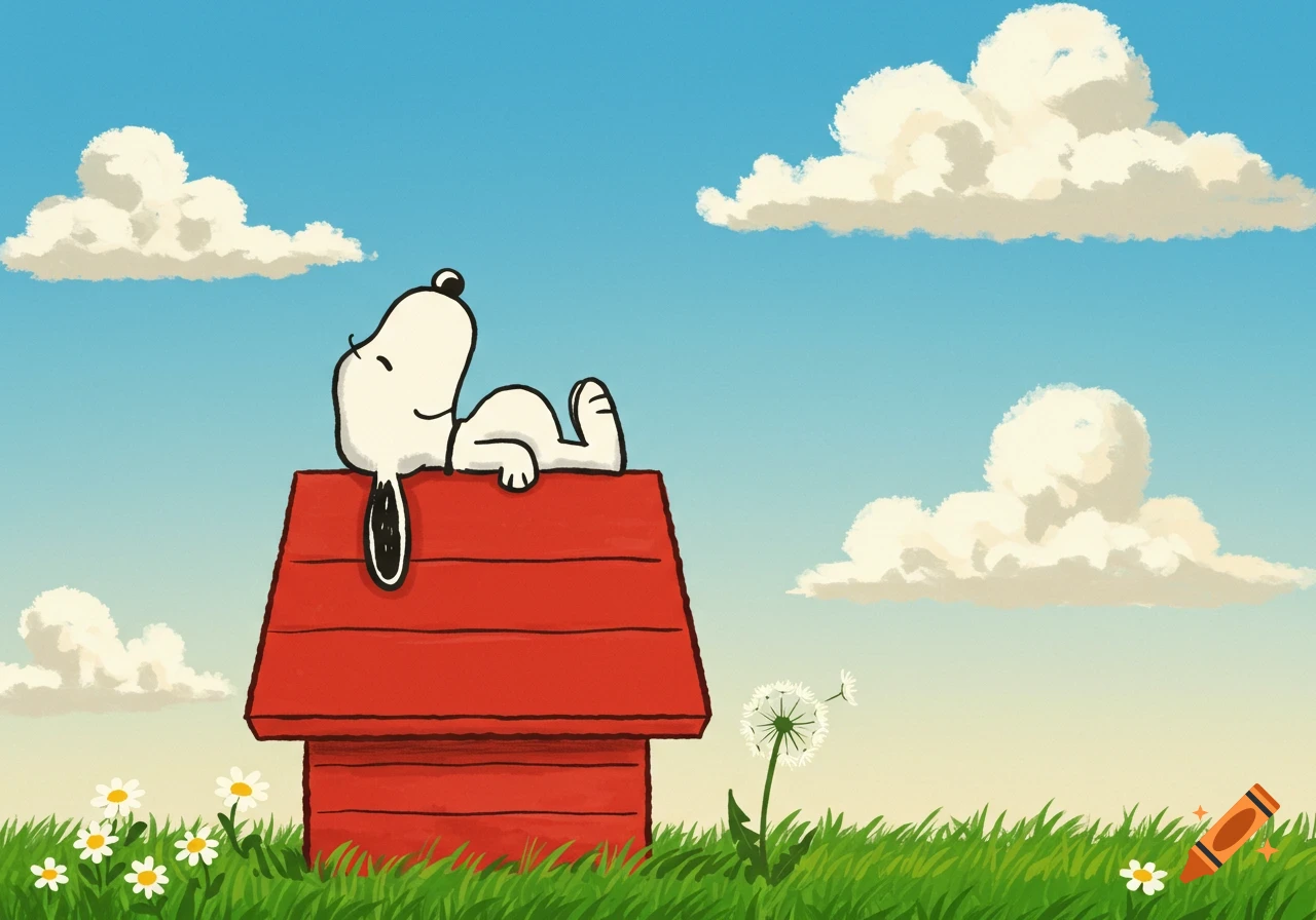 Cartoon Snoopy relaxes on his red doghouse under a blue sky with clouds ...