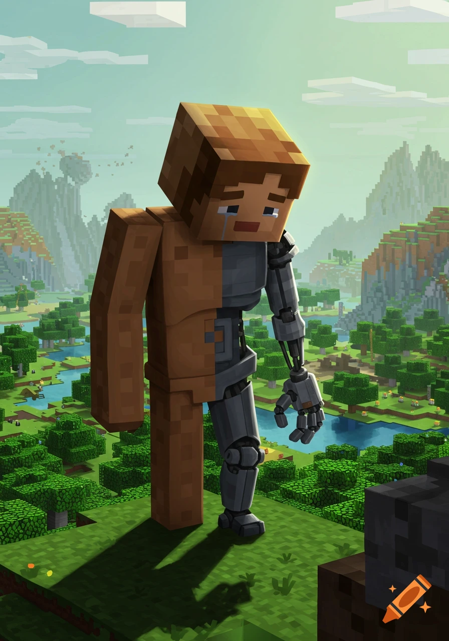 A crying Minecraft character, half human, half robot, stands in a ...