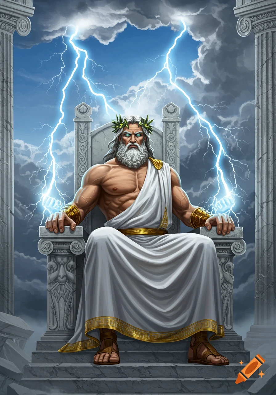 Zeus, the Greek god, with a white beard and a laurel wreath, sits on a ...