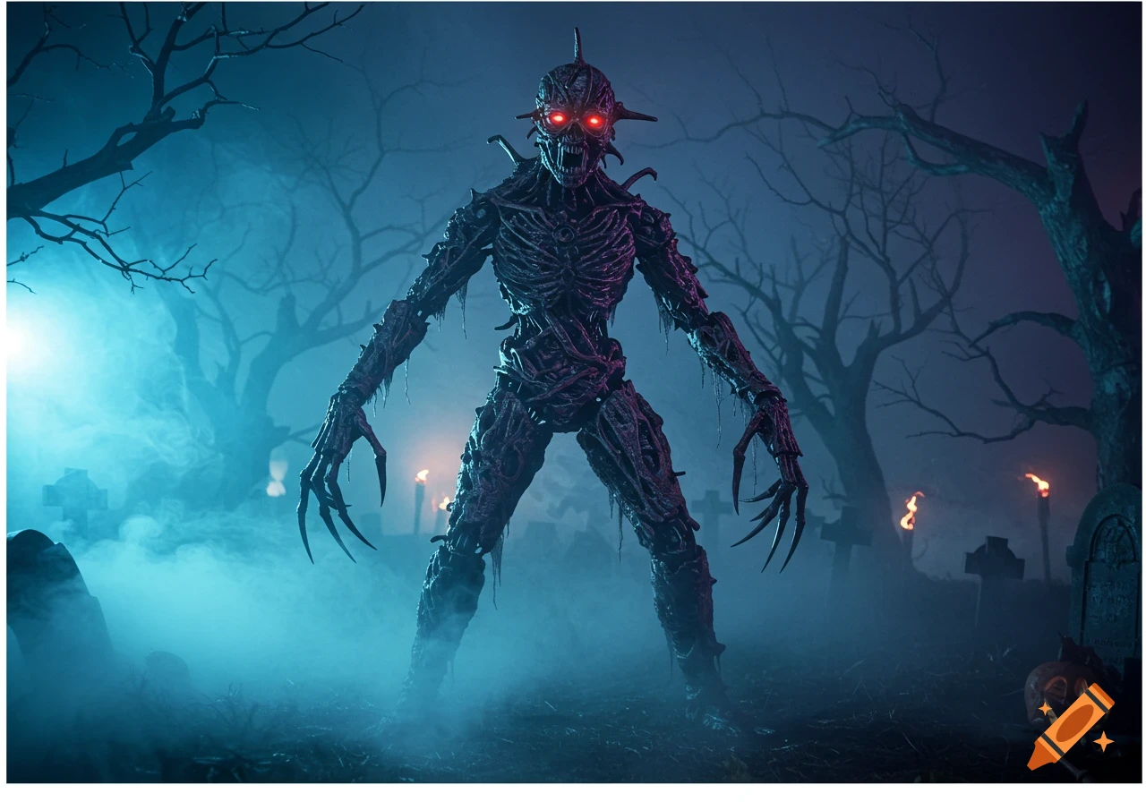 A skeletal monster with glowing red eyes and long claws stands in a ...