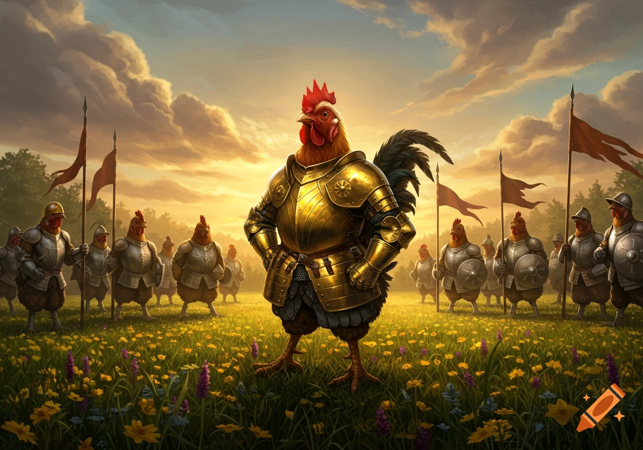 A regal chicken knight in golden armor stands in a vibrant flower field ...