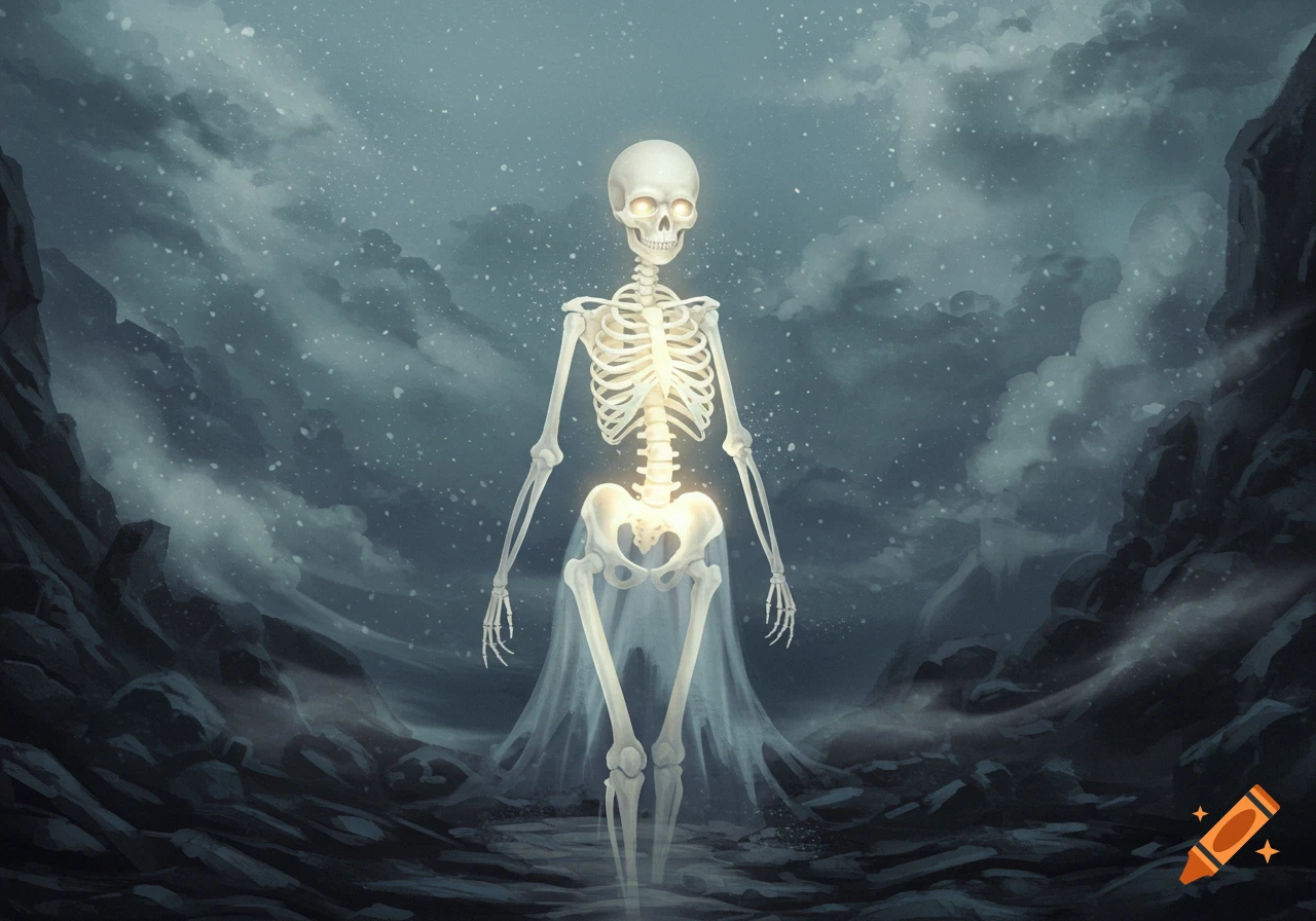 Glowing skeleton stands in a dark, snowy, misty fantasy landscape ...