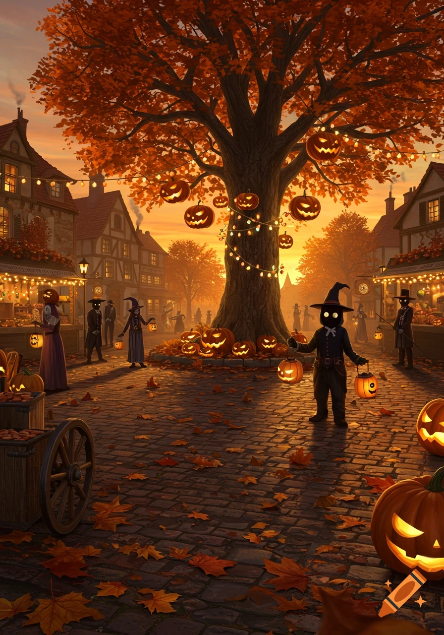 A Halloween festival in an autumn town square at sunset, with costumed ...