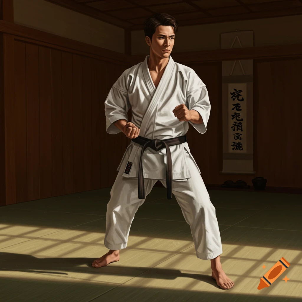 A man in a white karate gi and black belt stands in a dojo with ...