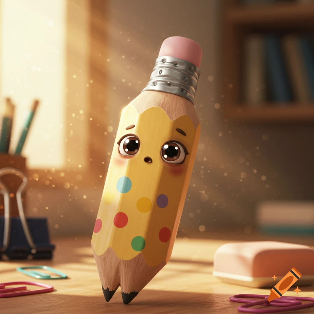 A cute anthropomorphic yellow pencil with colorful polka dots and wide ...