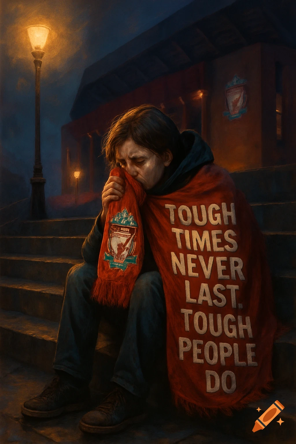 A sad Liverpool FC fan in a red scarf sits on steps at night with a ...