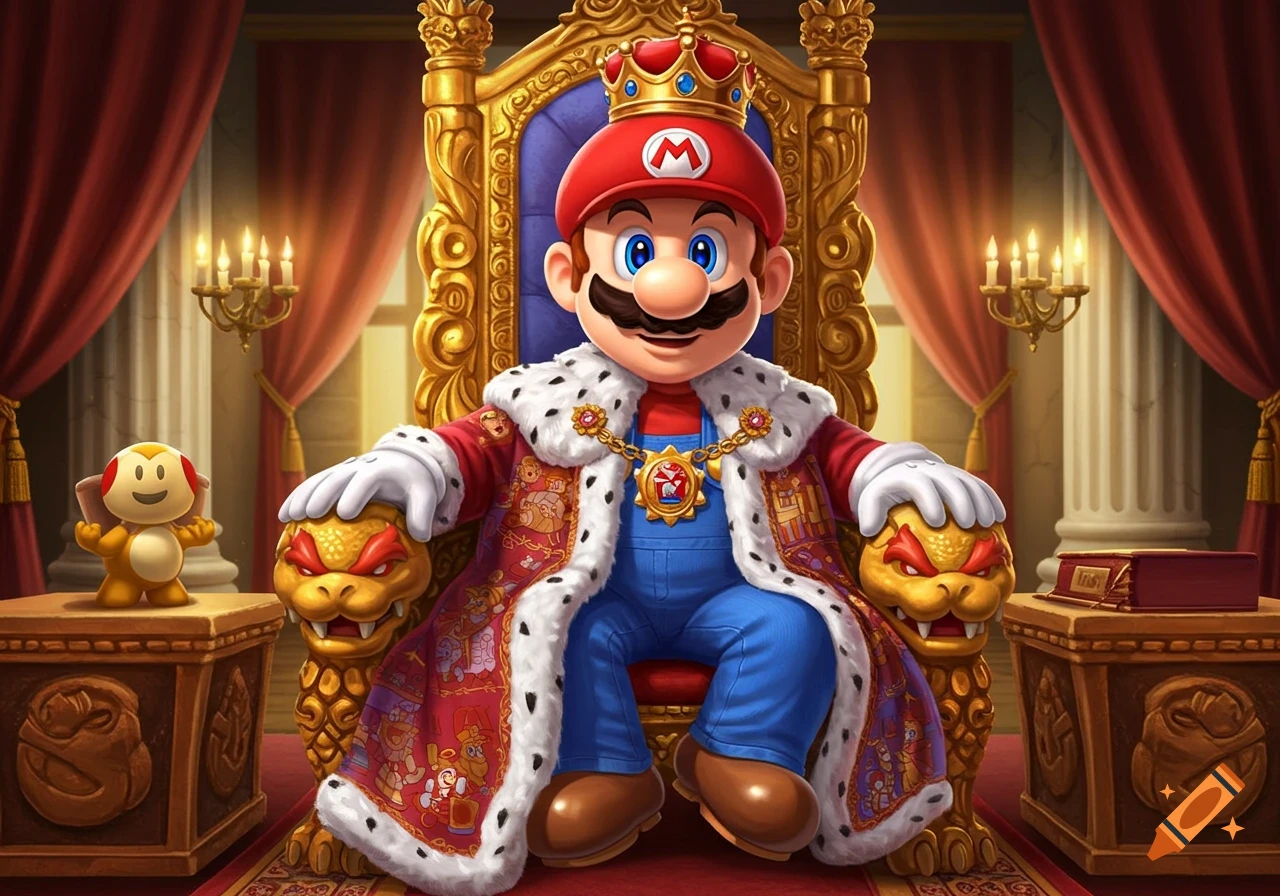 Mario, dressed as a king with a crown and royal robe, sits on a golden ...
