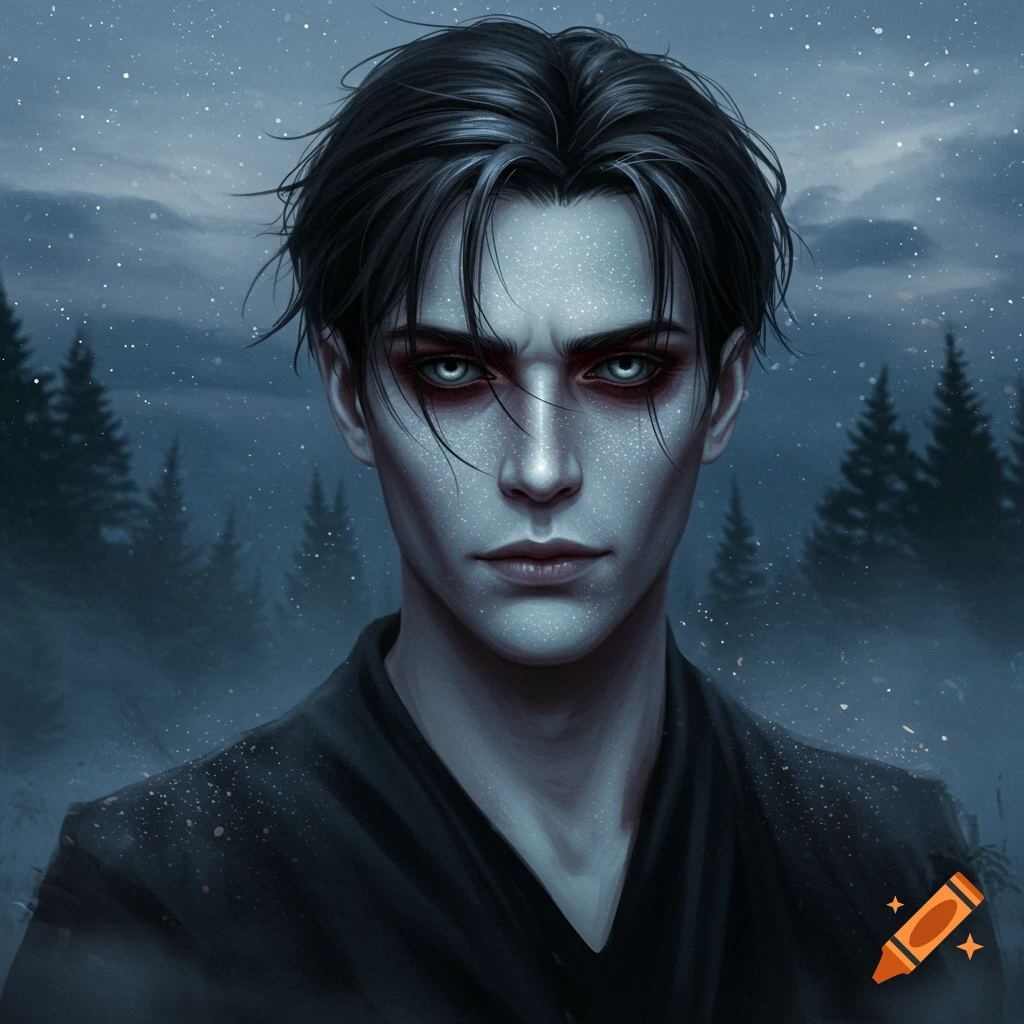 Close-up fantasy portrait of a pale-skinned man with dark hair and ...