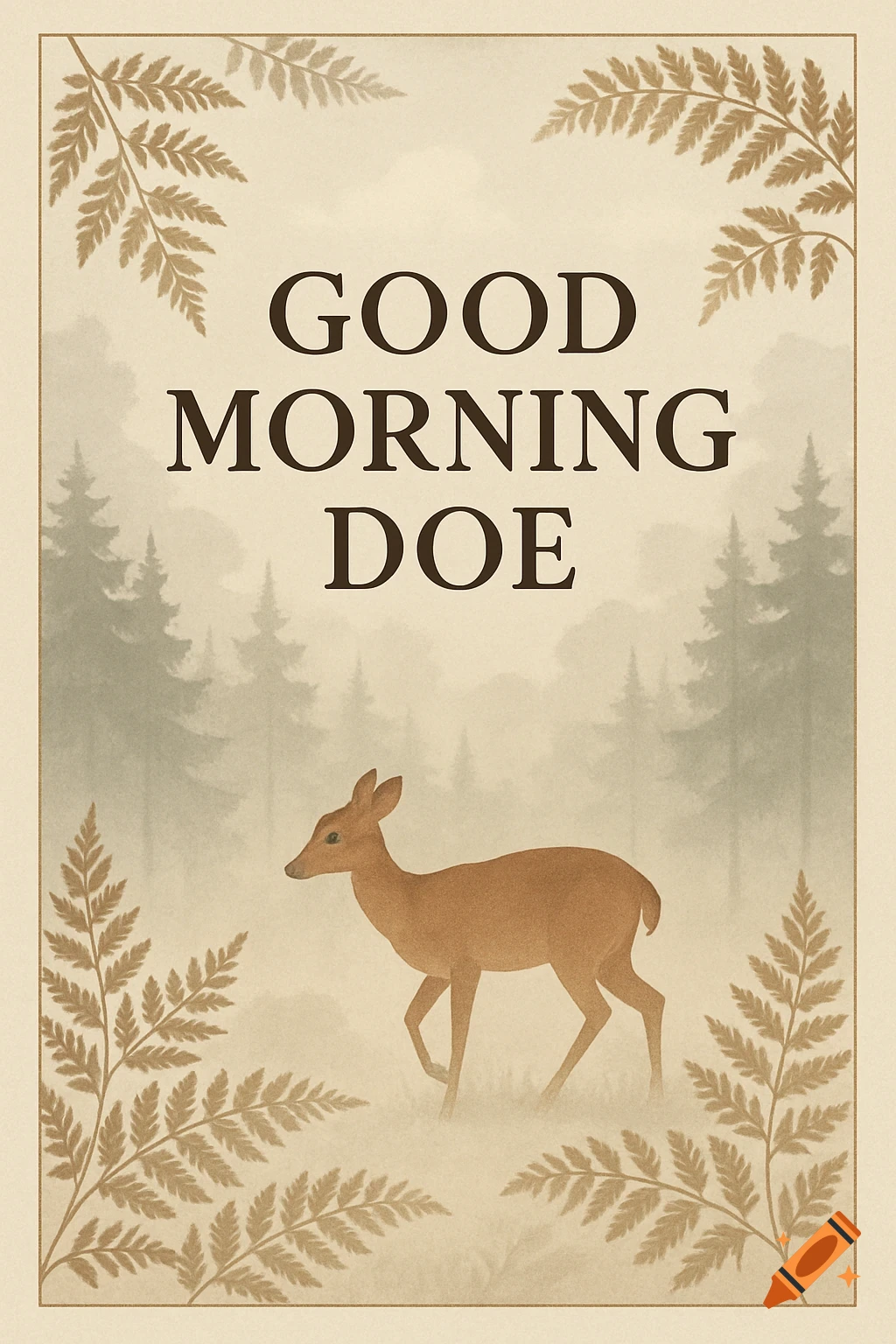 A flat graphic poster art of a deer in a misty forest surrounded by ...