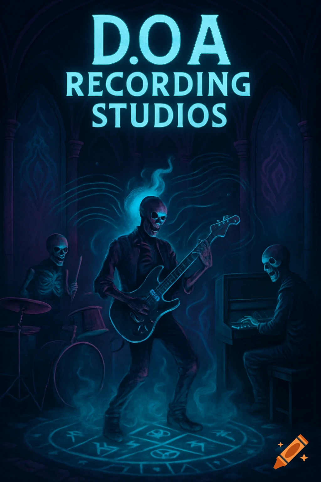 Stylized dark fantasy illustration of skeleton musicians playing bass ...