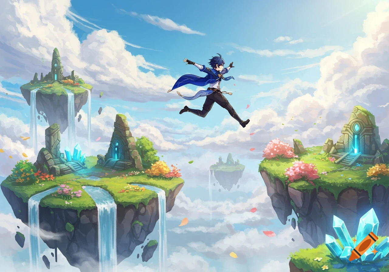 An anime-style male character leaps between lush green floating islands ...