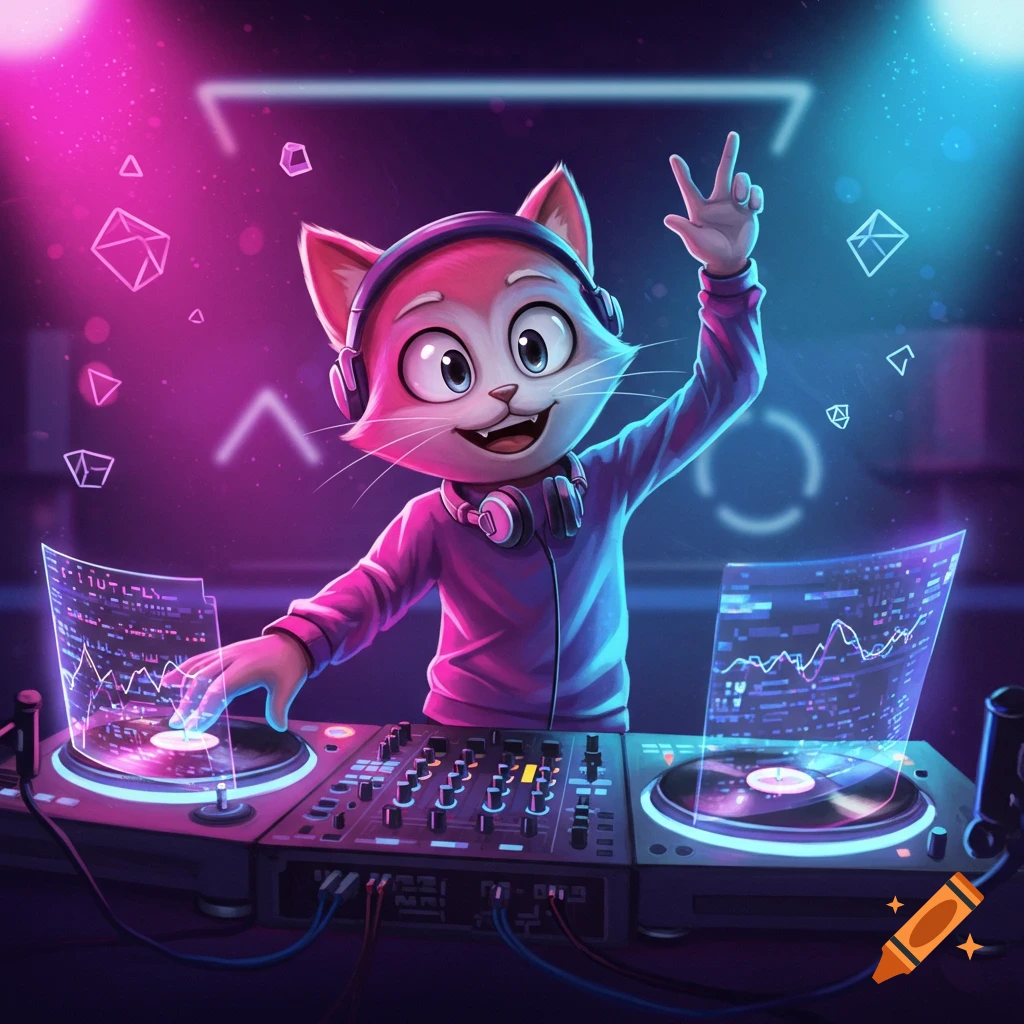 A happy cartoon cat DJ with headphones mixing music on turntables ...