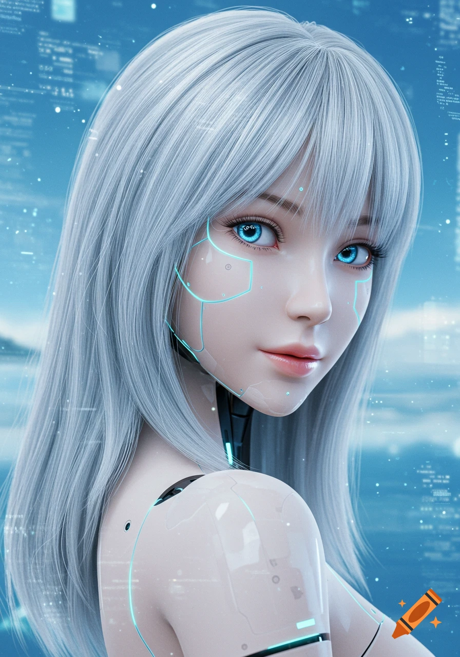 Close-up of a silver-haired female android with glowing blue eyes and ...