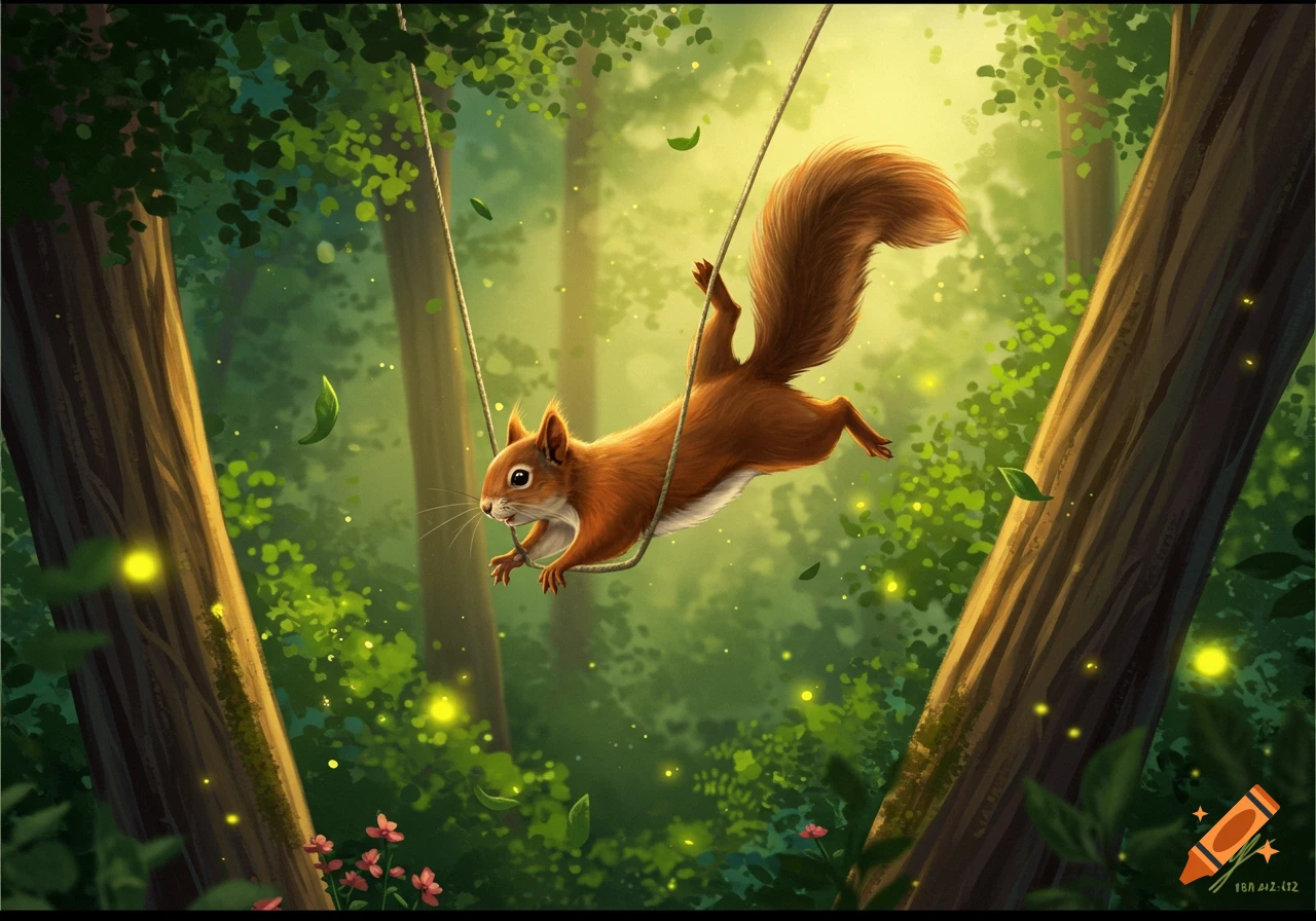 A cartoon squirrel swings on a rope between two trees in a magical ...