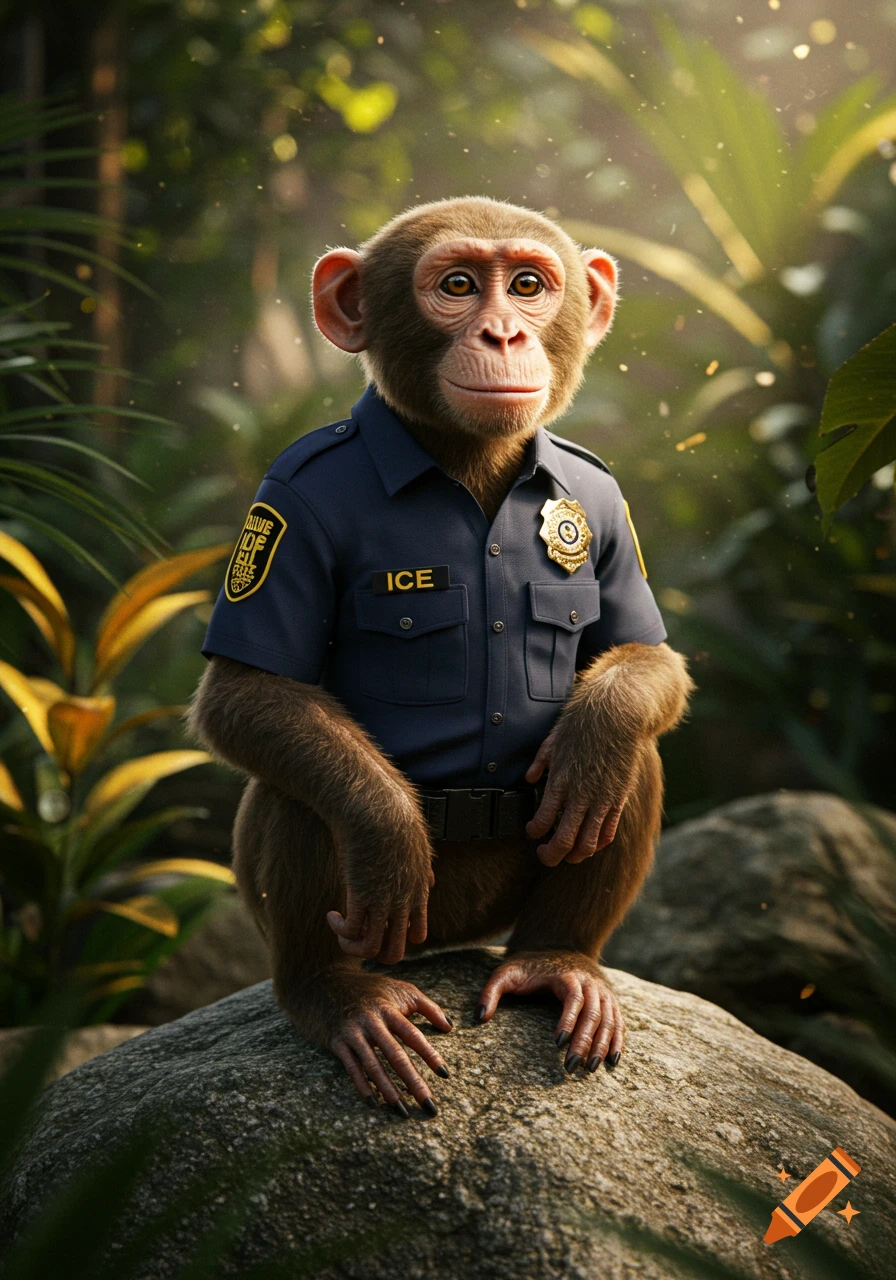 A chimpanzee wearing a dark blue police uniform with an ICE patch sits ...