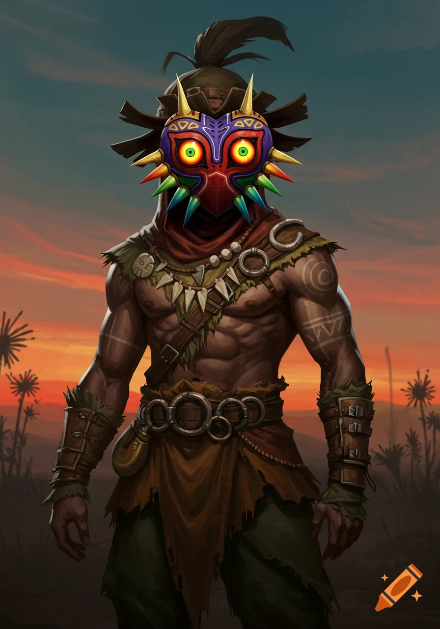Masked warrior in tribal attire with a Majora's Mask-like face ...