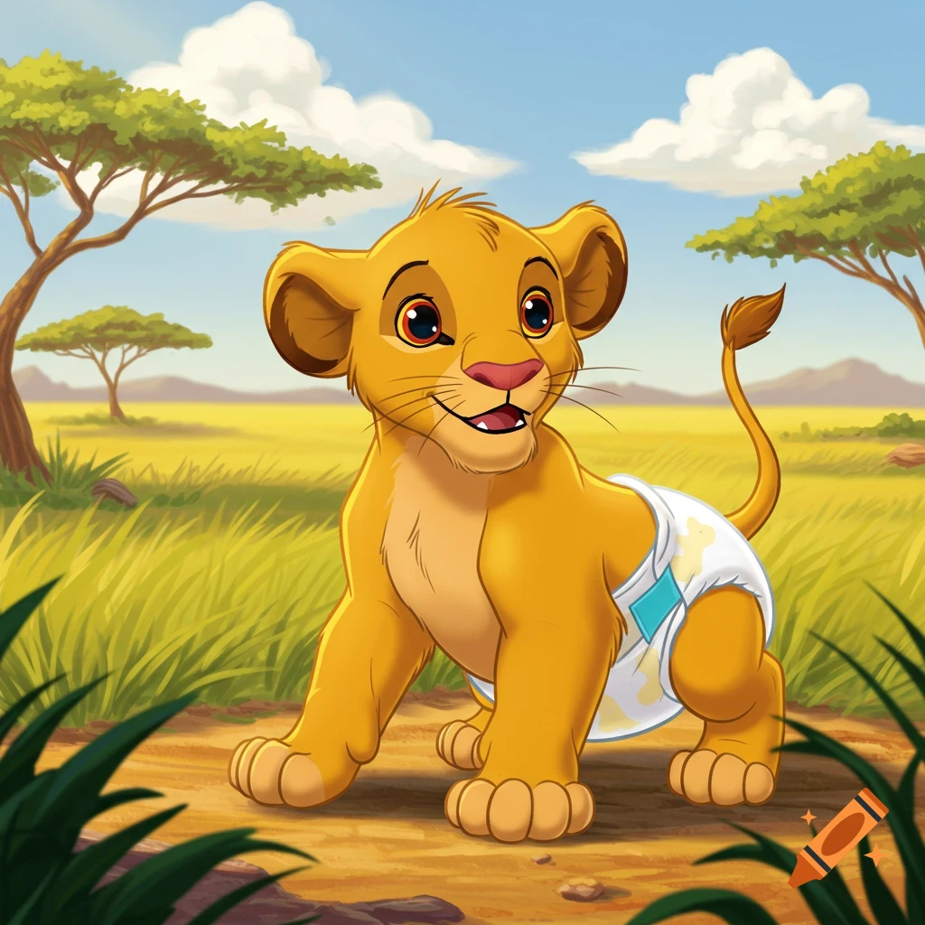 A cute cartoon lion cub resembling Simba wears a soiled diaper while ...