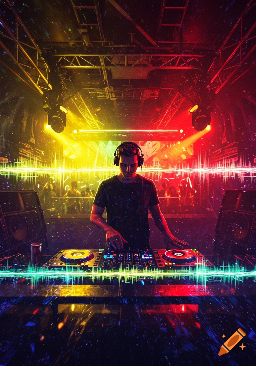 A DJ with headphones mixes music at a brightly lit club, surrounded by ...