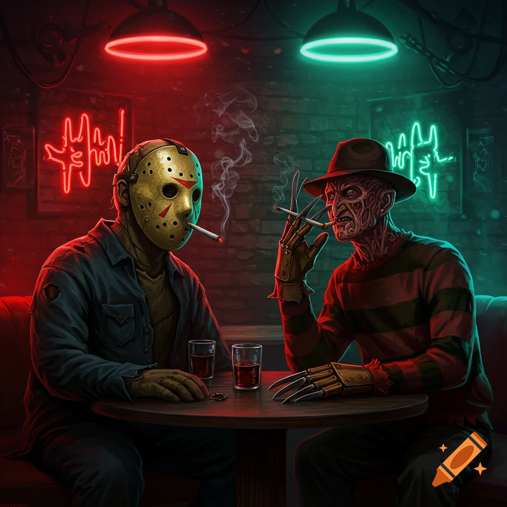 Jason Vorhees and Freddy Krueger sit at a bar table, smoking cigarettes ...