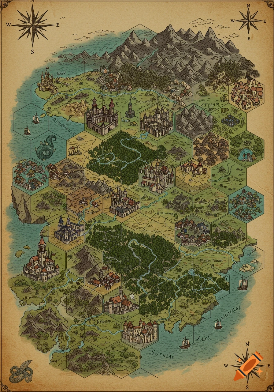 A detailed medieval fantasy map with a hexagonal grid, showing castles ...