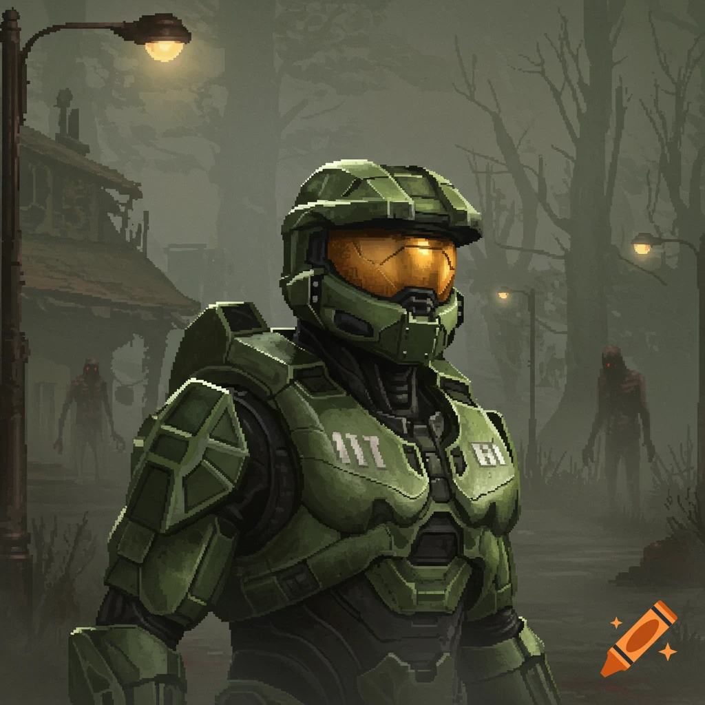 Pixel art of Master Chief in a dark, foggy, abandoned town with zombie ...