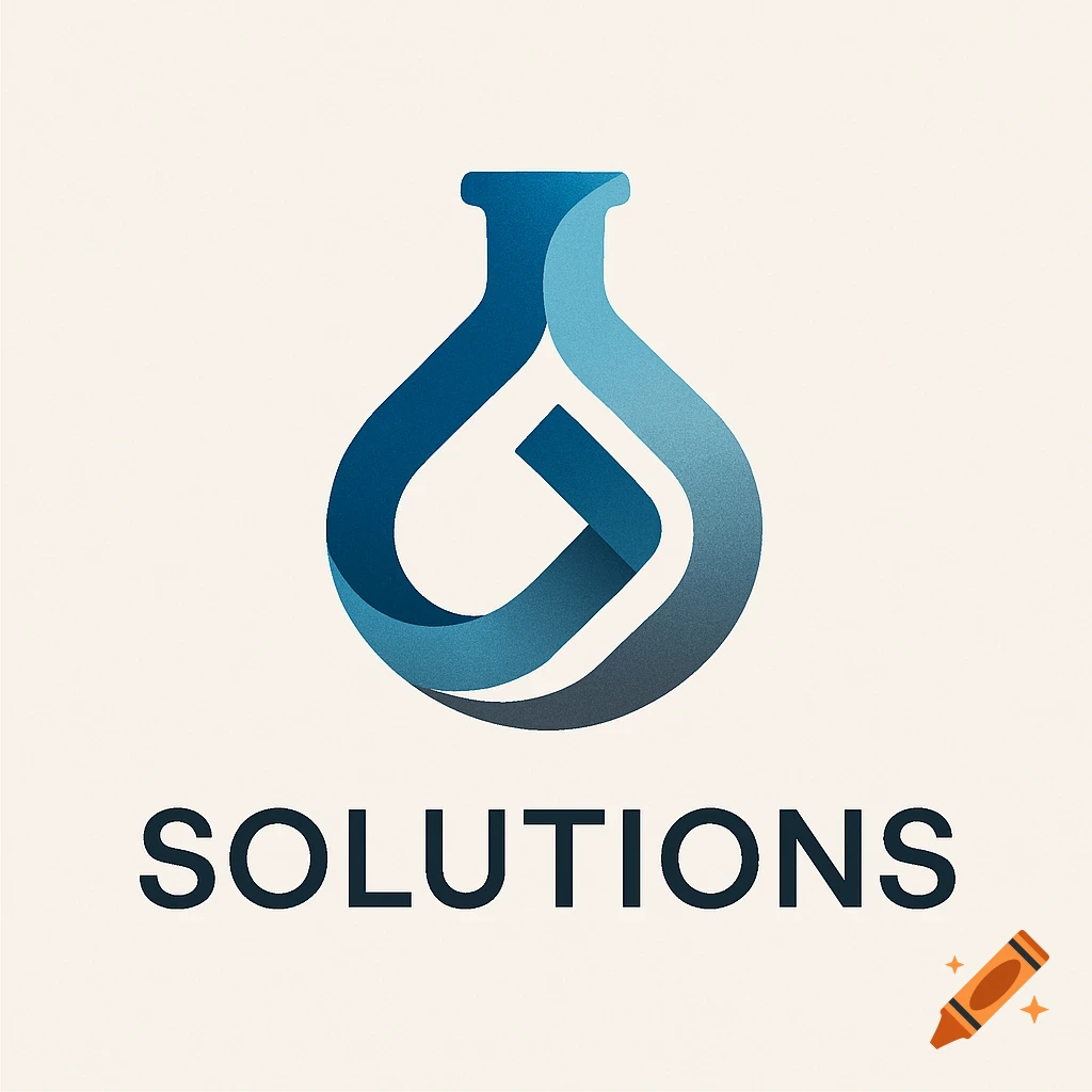 A blue and grey stylized logo resembling a chemical flask, with the ...