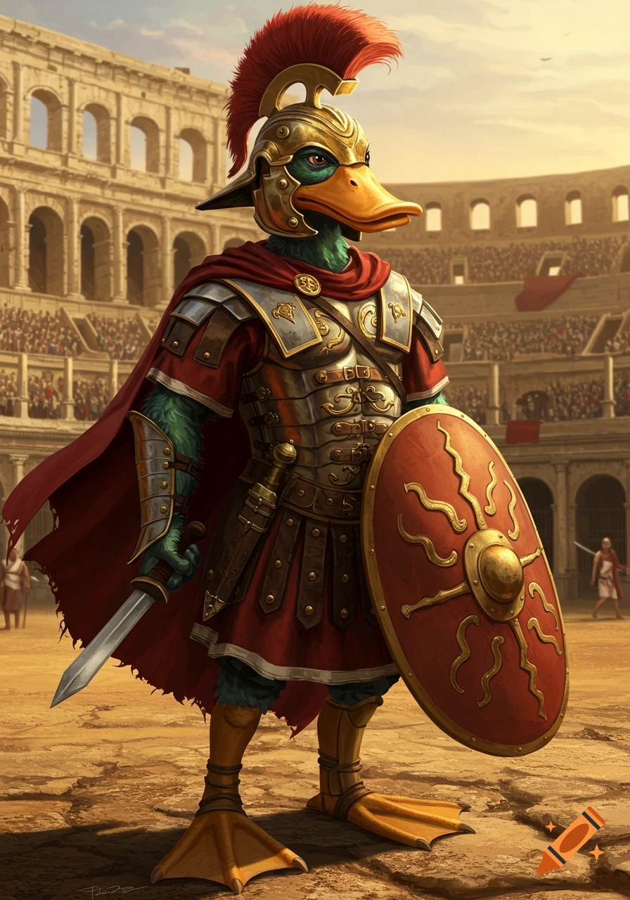A majestic anthropomorphic duck in Roman soldier armor with a sword and ...