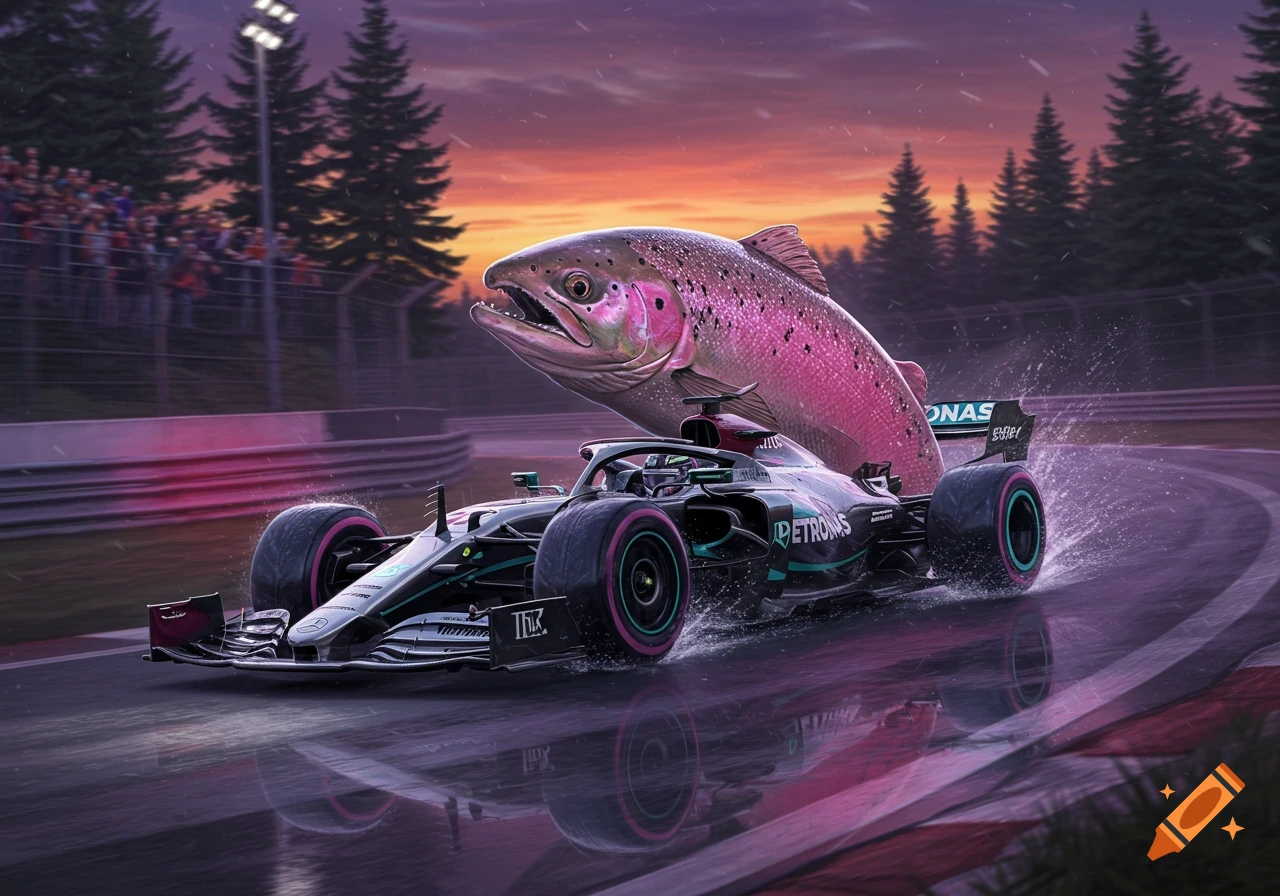 A black Mercedes F1 car races on a wet track with a giant pink salmon ...
