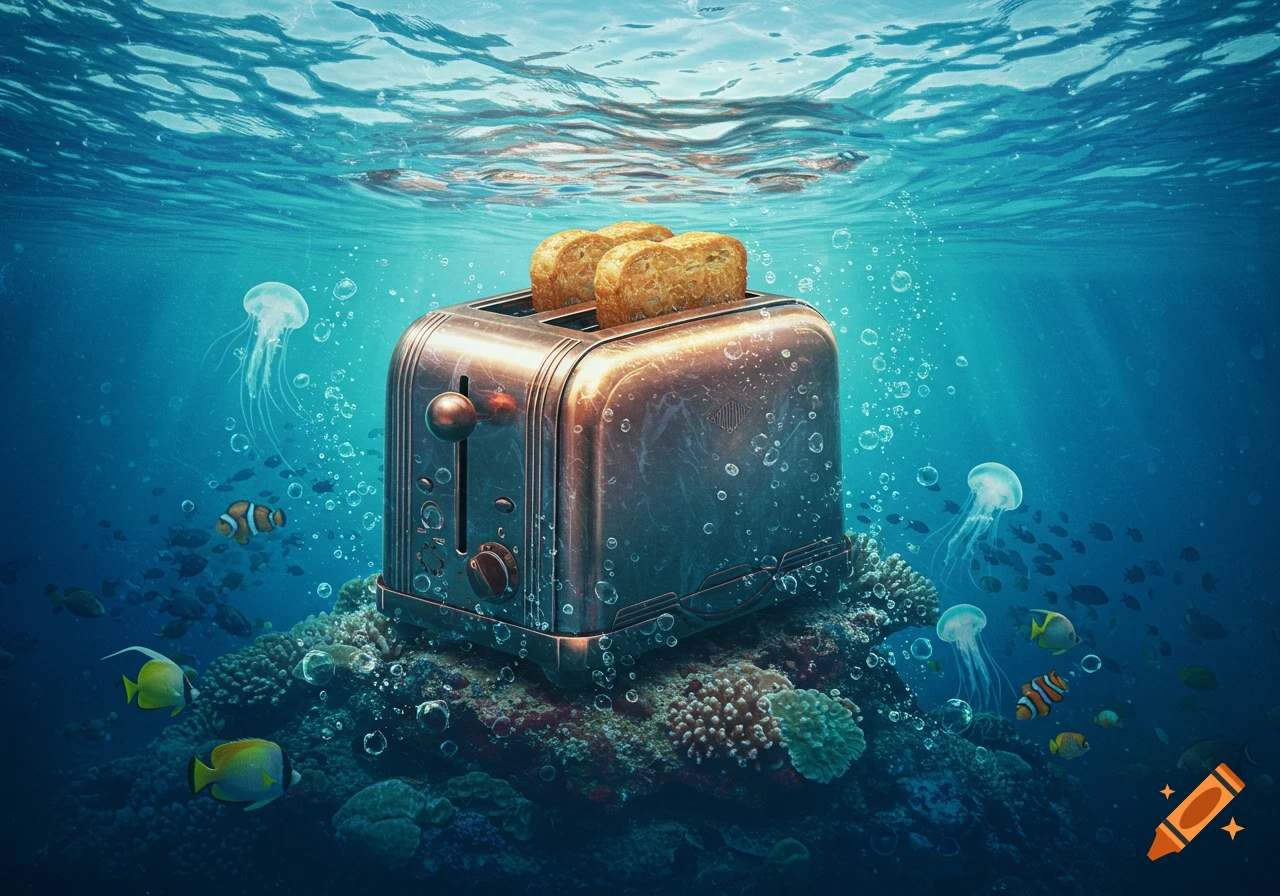 A metallic toaster with two slices of toast sits on a vibrant coral ...