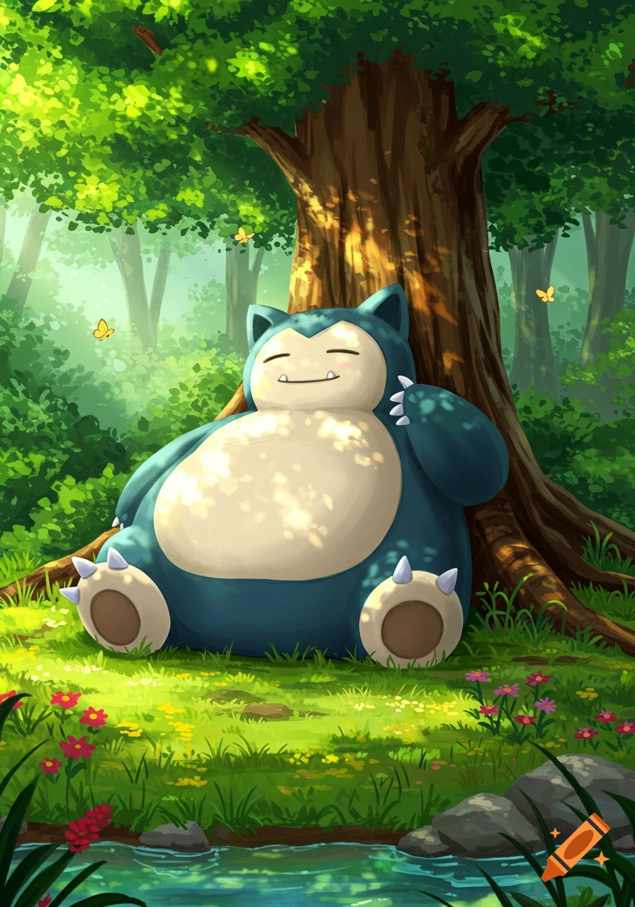 A sleepy Snorlax rests against a large tree in a lush green forest with ...